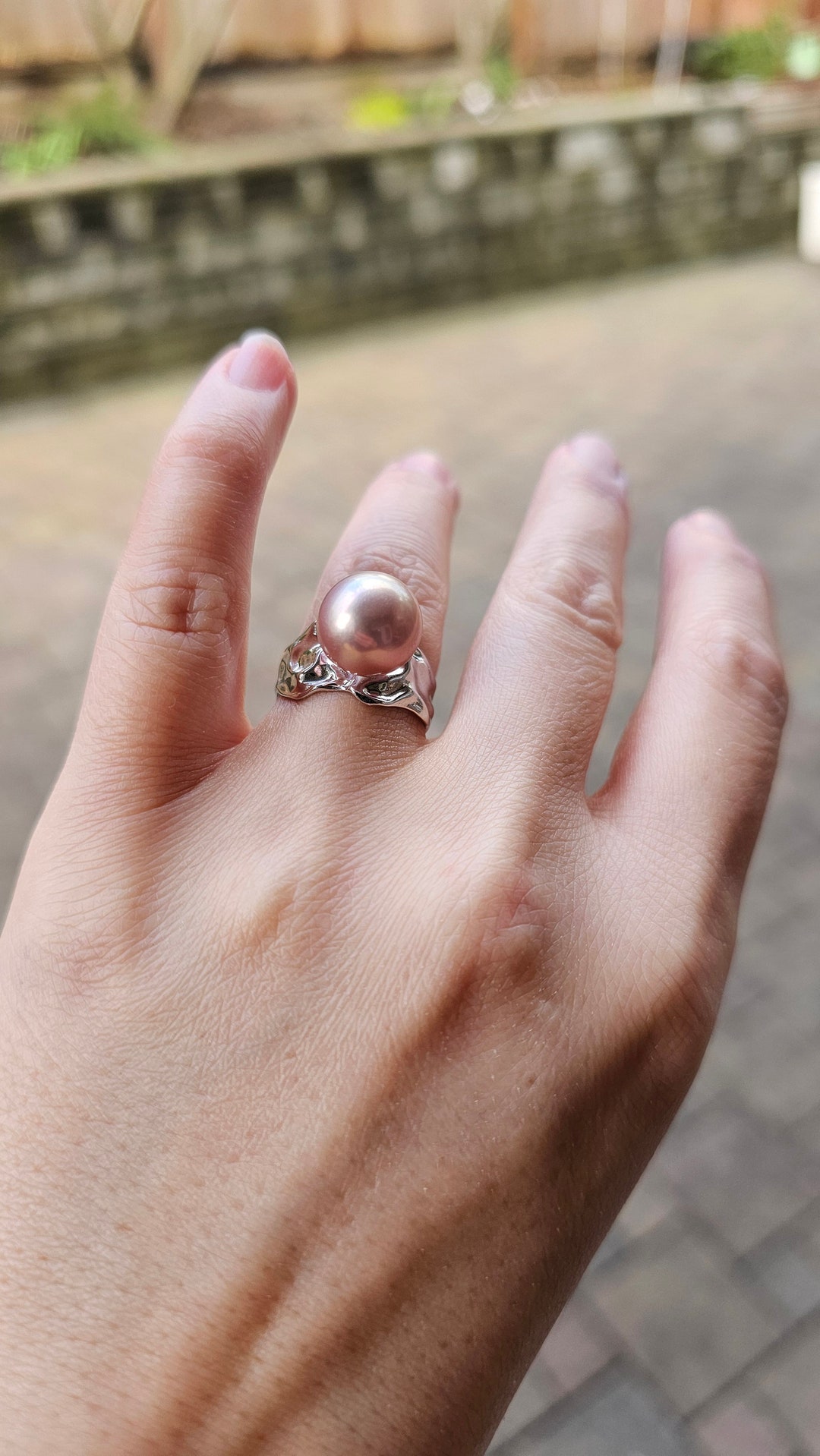 Large Natural Metallic Edison Pearl Rhodinated S925 Adjustable Ring,11 ...