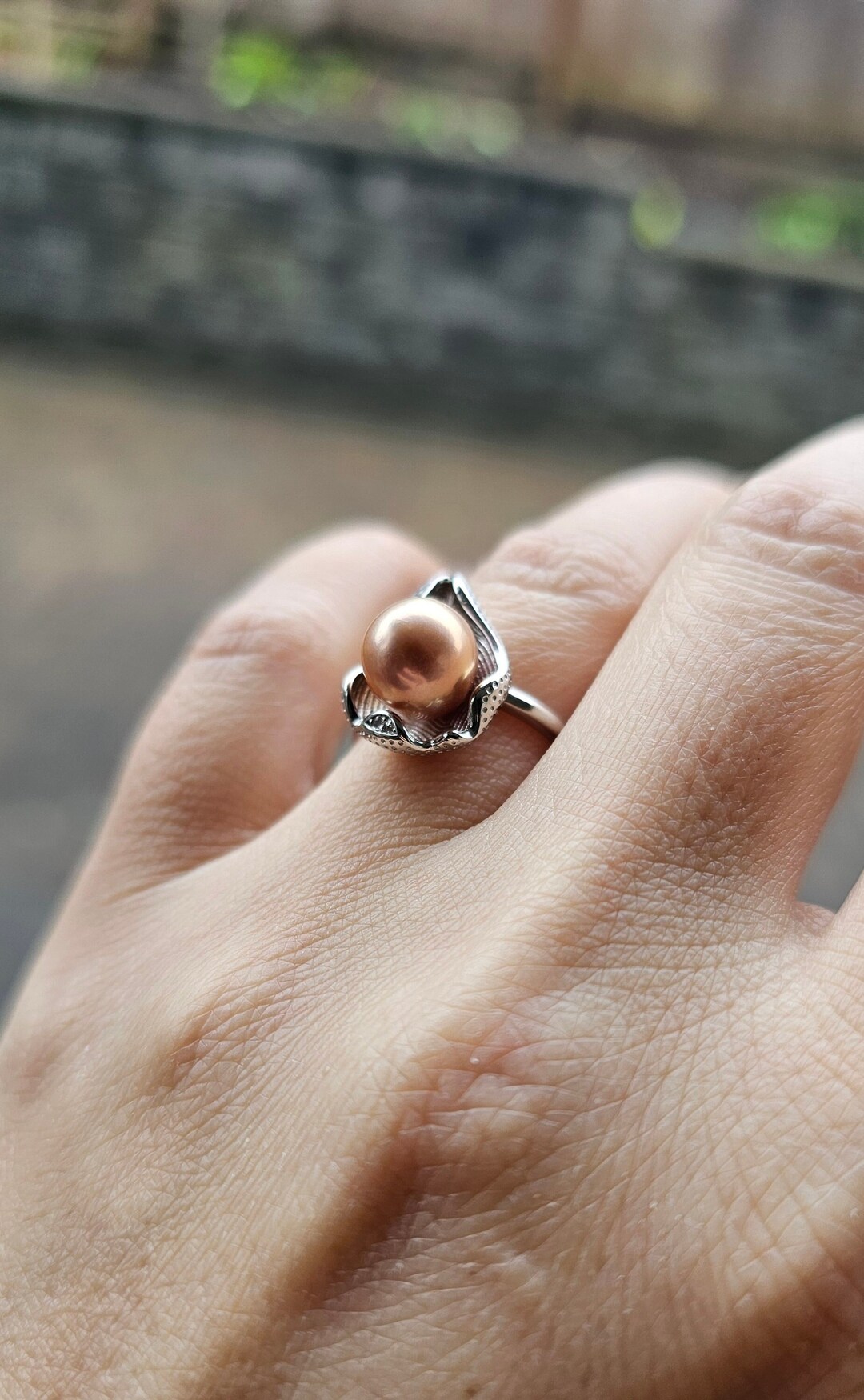 Edison Pearl Ring,s925,10-10.5mm Metallic Golden Colour Pearl, Petal Shape Ring, Adjustable ...