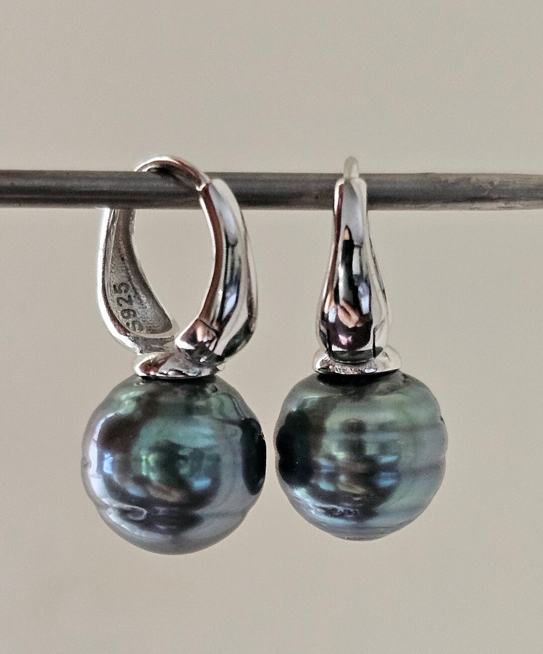 S925 Circle Tahitian Pearl Earring Hoops, Platinum Grey,10-11mm Pearls ...