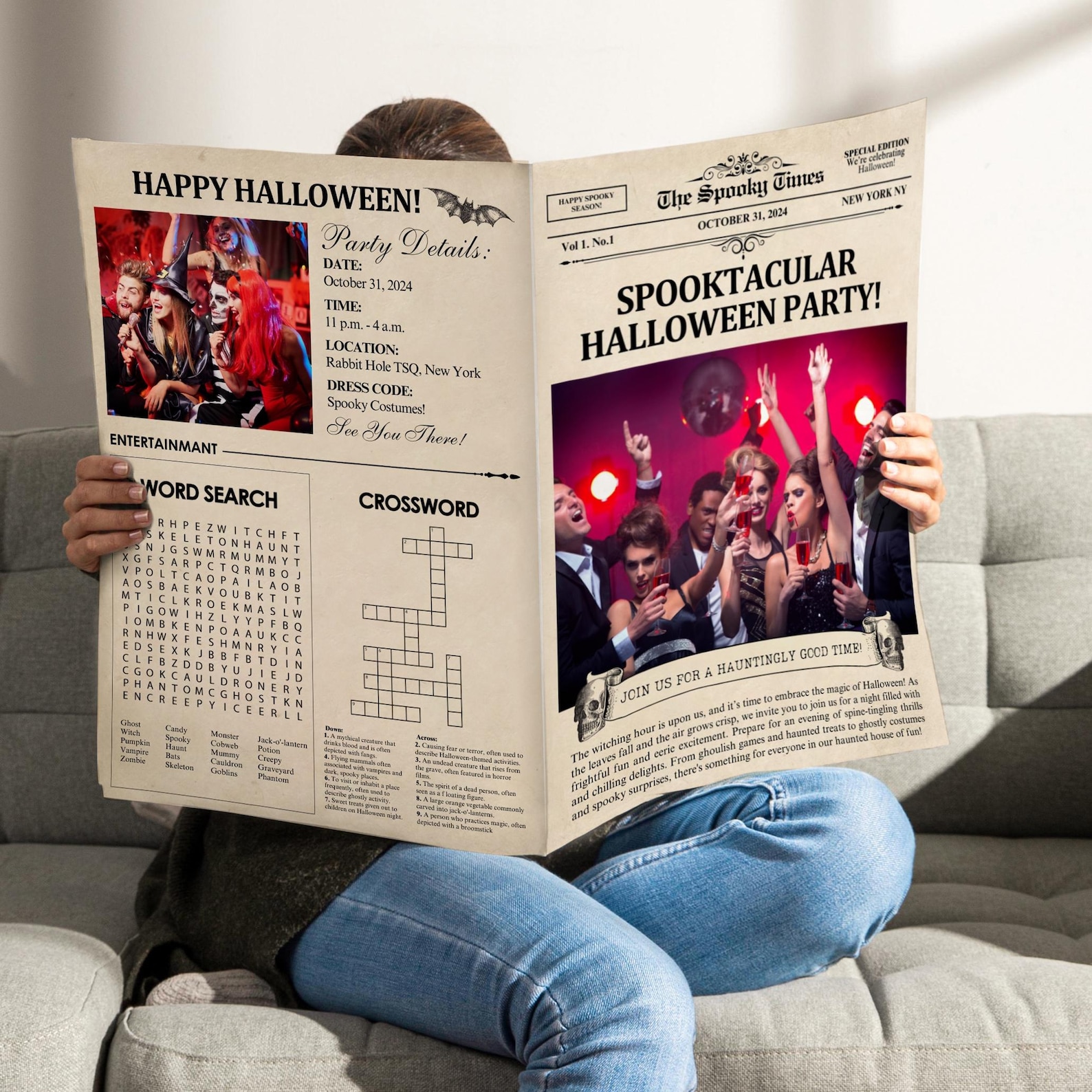 Halloween Party Newspaper Invitation Template, Vintage Halloween Party ...