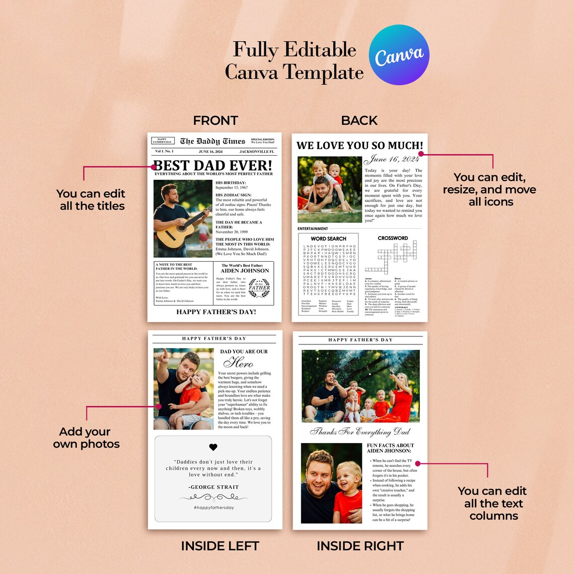 Fathers Day Newspaper Template, Fathers Day Gift Personalized, Fathers ...