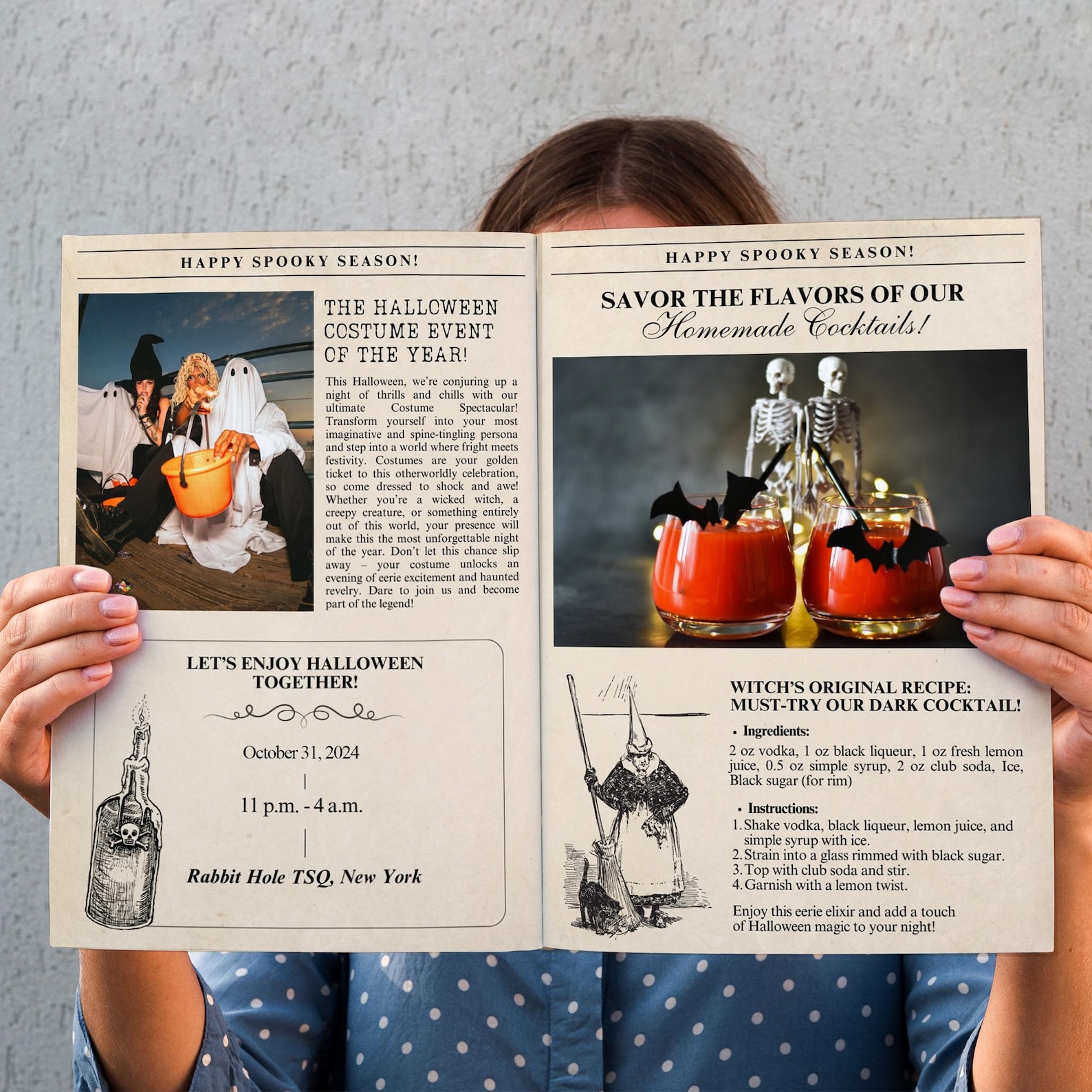 Halloween Party Newspaper Invitation Template, Vintage Halloween Party ...