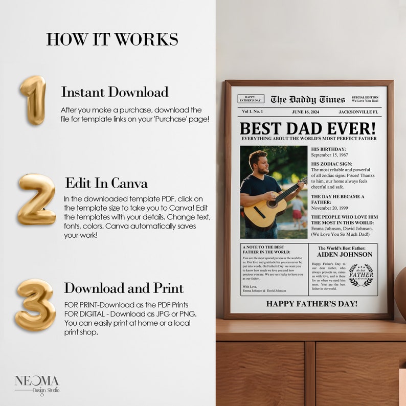 Fathers Day Newspaper Template, Fathers Day Gift Personalized, Fathers ...