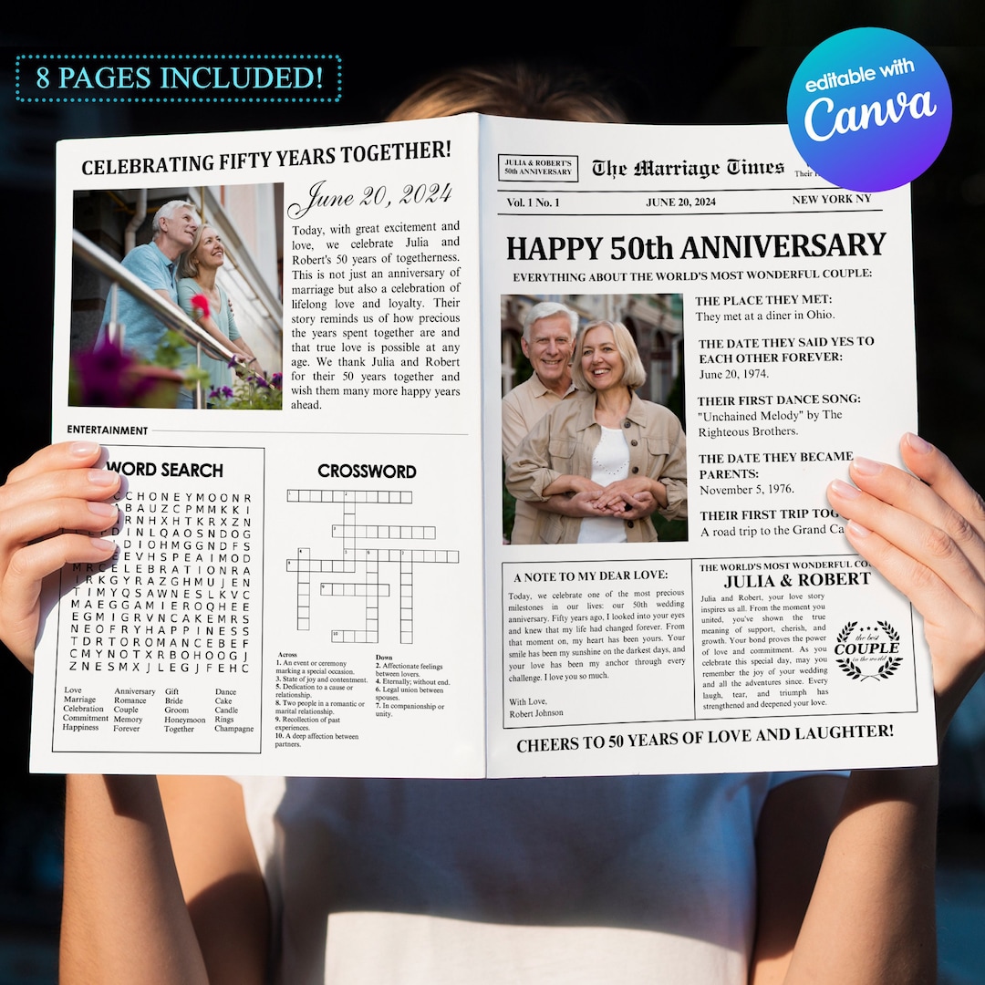 Anniversary Newspaper Template, 50th Anniversary Gifts, Anniversary ...