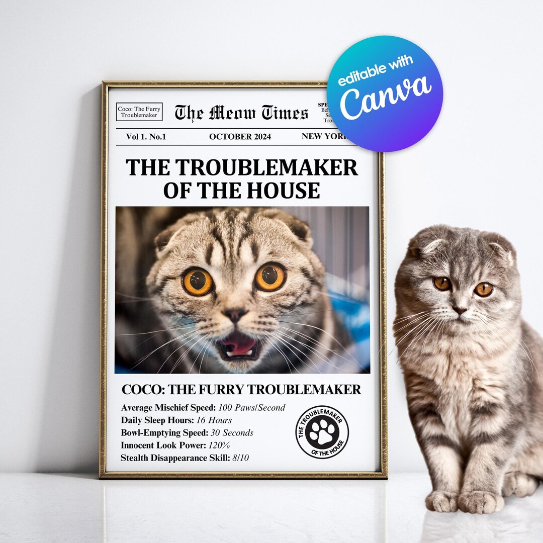 Pet Newspaper Poster, Digital Pet Wall Art, Custom Pet Newspaper ...