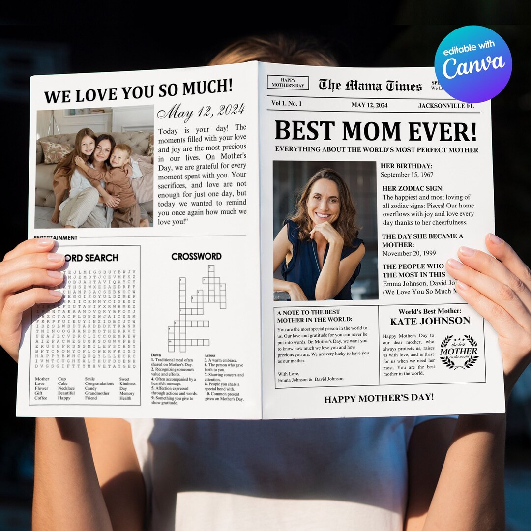 Mothers Day Newspaper Template, Mothers Day Gift Personalized, Mothers ...