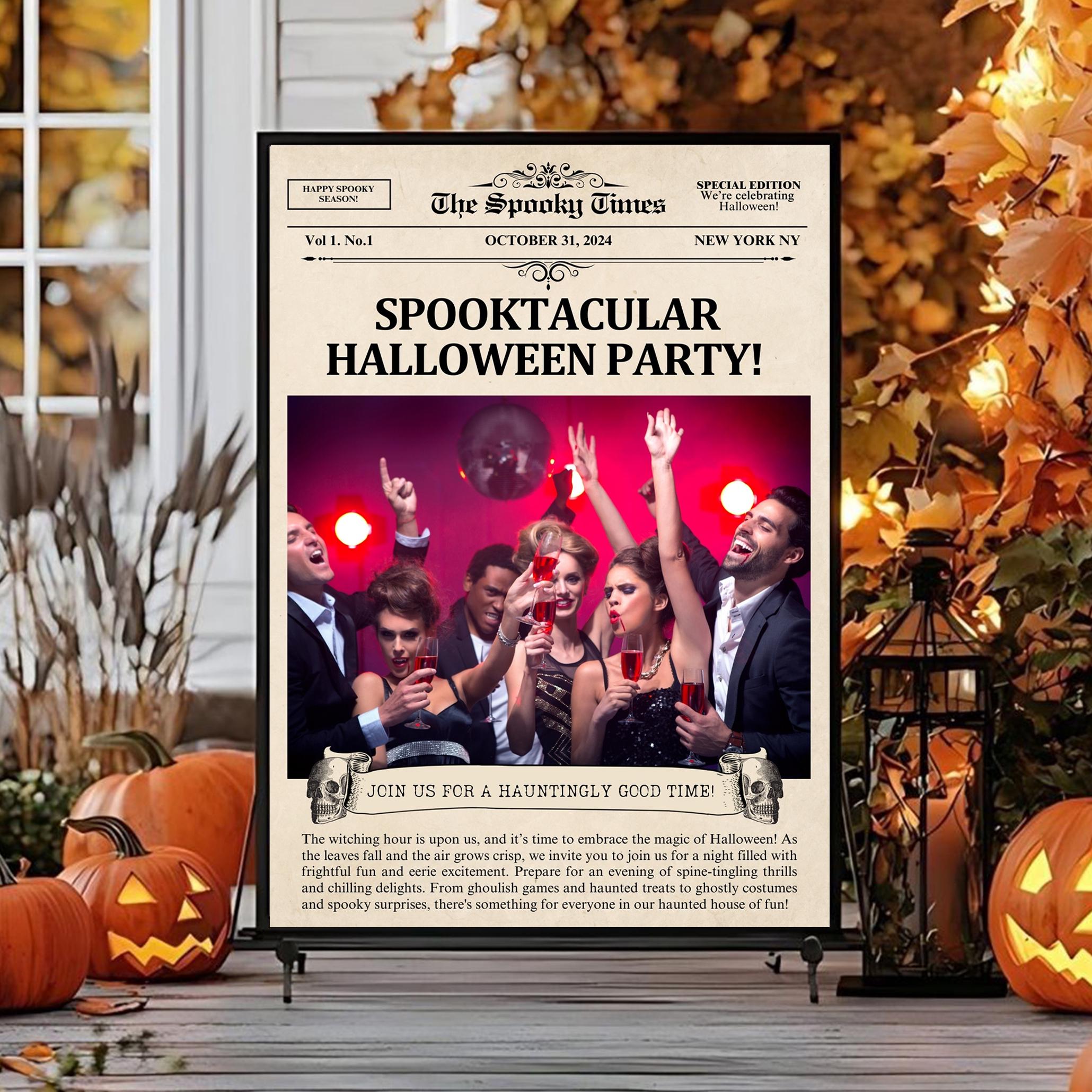 Halloween Party Newspaper Invitation Template, Vintage Halloween Party ...