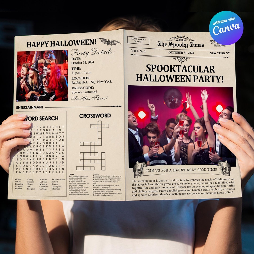Halloween Party Newspaper Invitation Template, Vintage Halloween Party ...