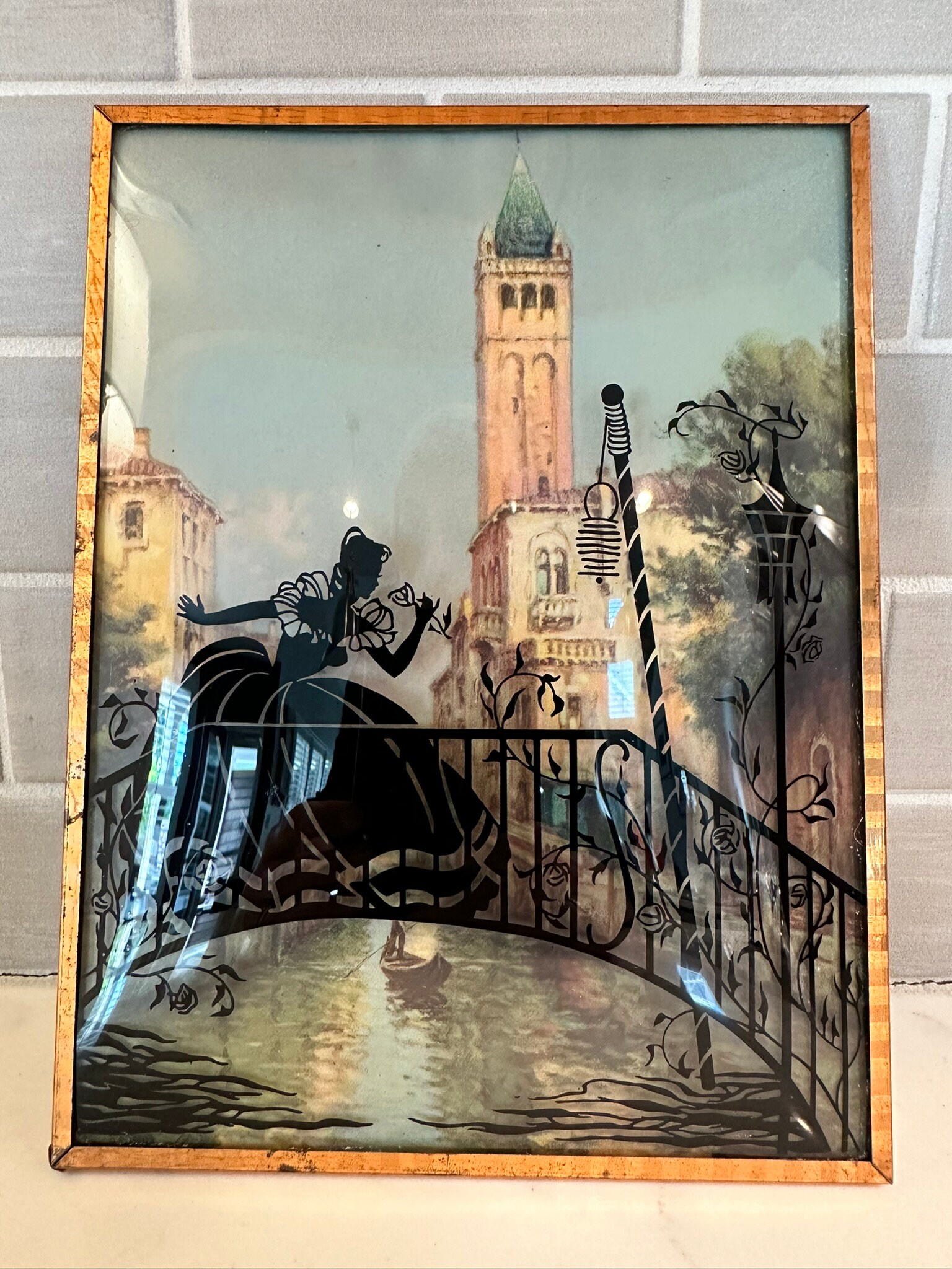 Vintage Victorian Reverse Silhouette Picture on Curved Glass Copper ...