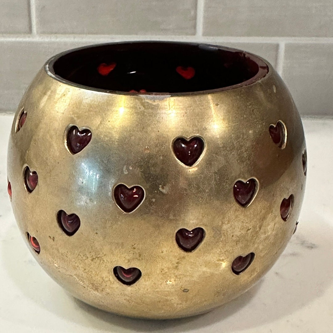 Vintage Solid Brass Red Glass Lined With Heart Cutouts Votive Holder - Etsy