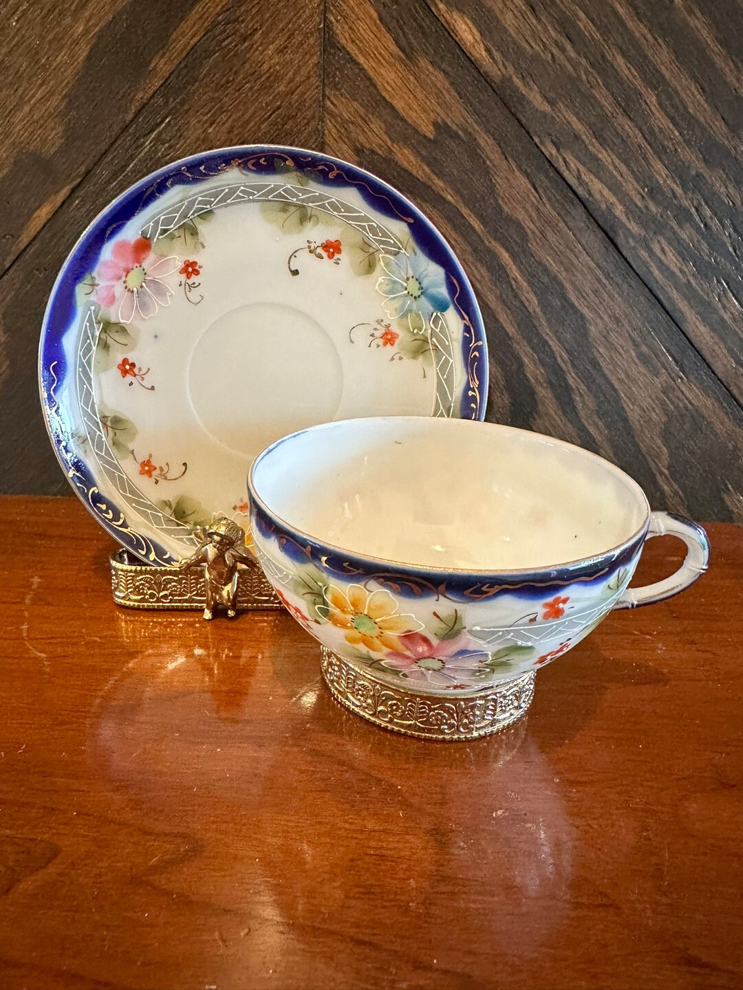 Vintage Tohina Hand Painted Nippon Tea Cup and Saucer With Brass ...
