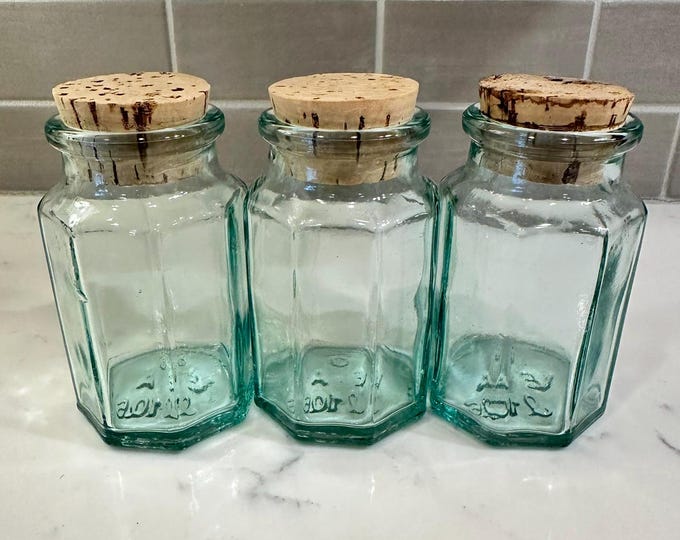 Italian Glass Eight Sided Green Spice Jars With Cork Lids (set of 3) - Etsy