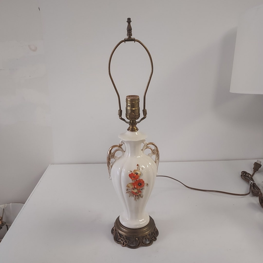 Vintage Small Ceramic Lamp on Cast Base - Orange Floral Pattern ...