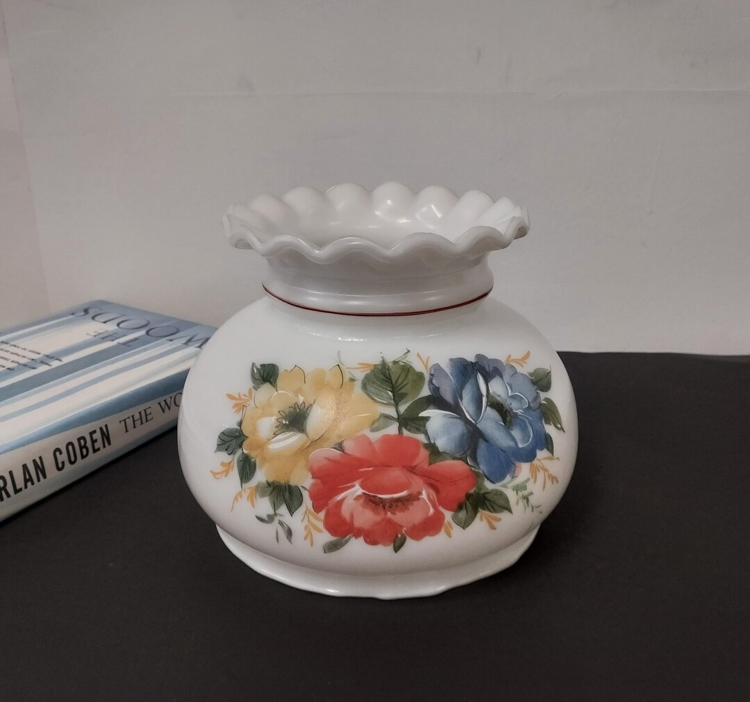Vintage Student Lamp Glass Shade With Pie Crust Top, Floral Pattern ...