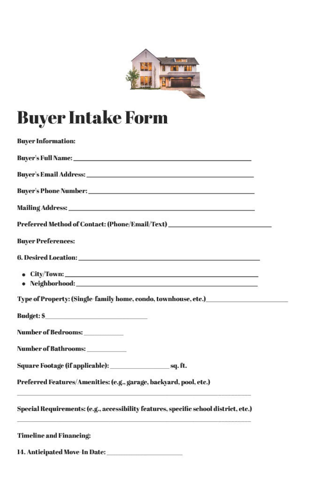 Buyer Intake Form - Real Estate Agent - Etsy