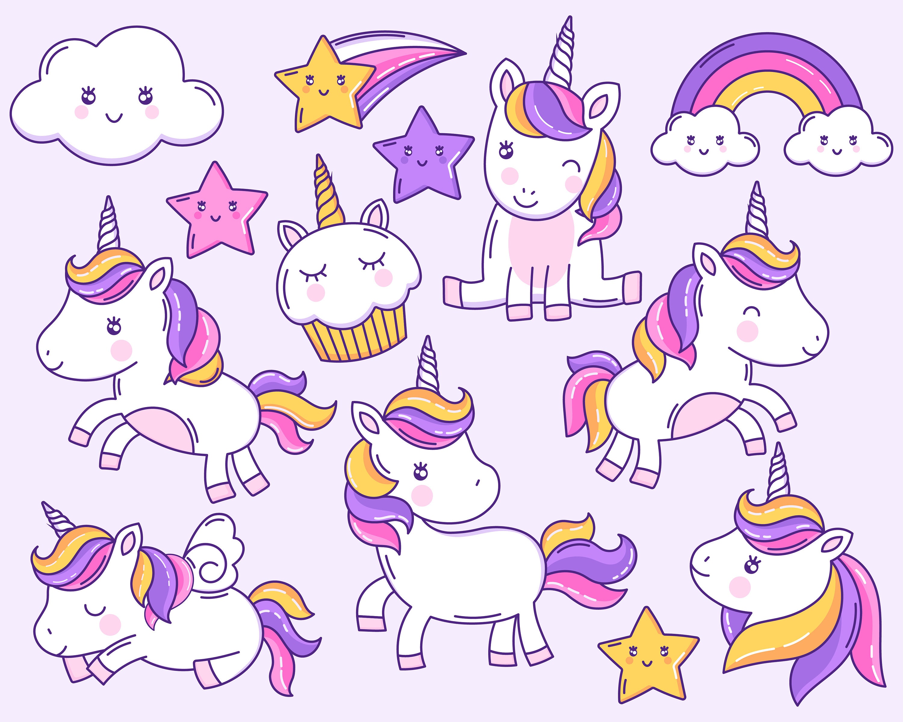 Vector Clipart Set Kawaii Unicorn Cute Unicorn (Download Now) - Etsy