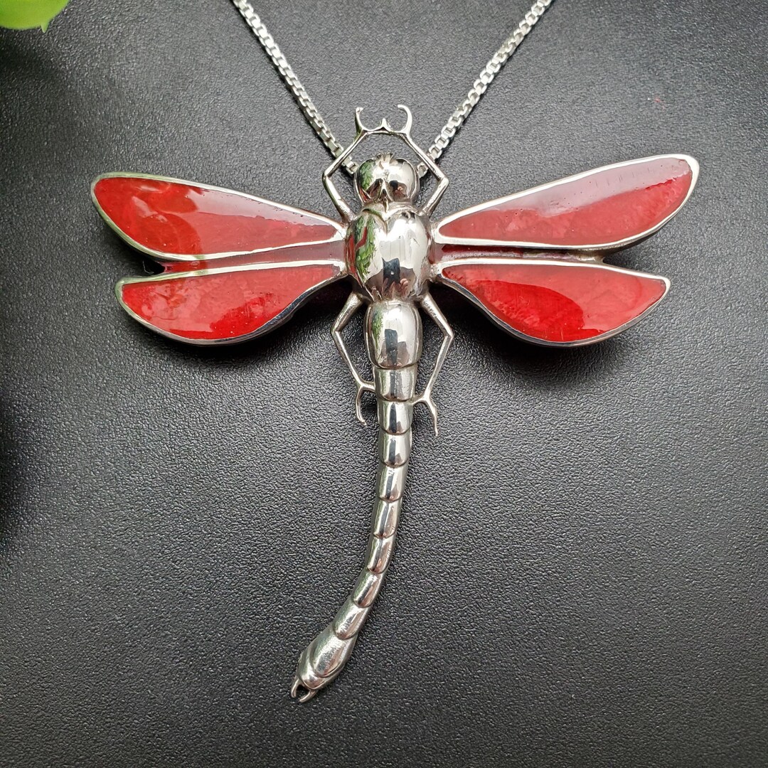 FFD #063 | Big Red Coral Inlay Dragonfly Necklace Pendant, Dragonfly ...