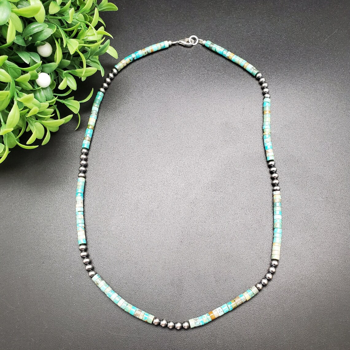 QQ-246 | Southwestern Navajo Pearl Silver Beads Turquoise Necklace 18 ...