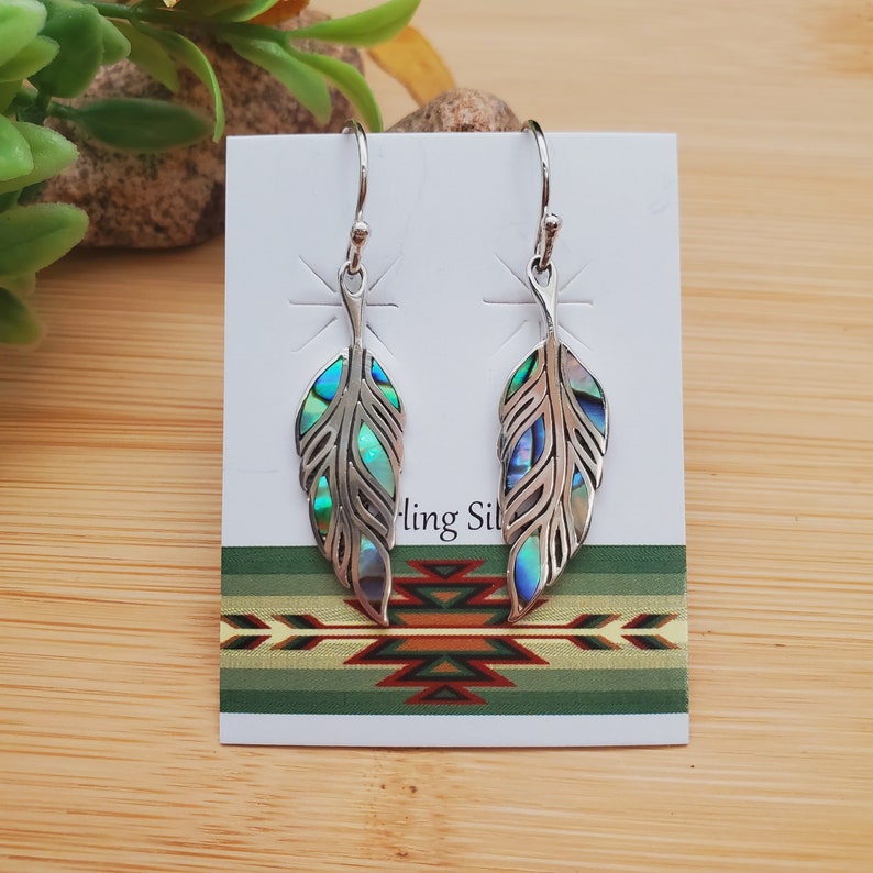 ATS-AYU035 Lovely Abalone Inlay Leaf Dangle Earrings Sterling Silver ...