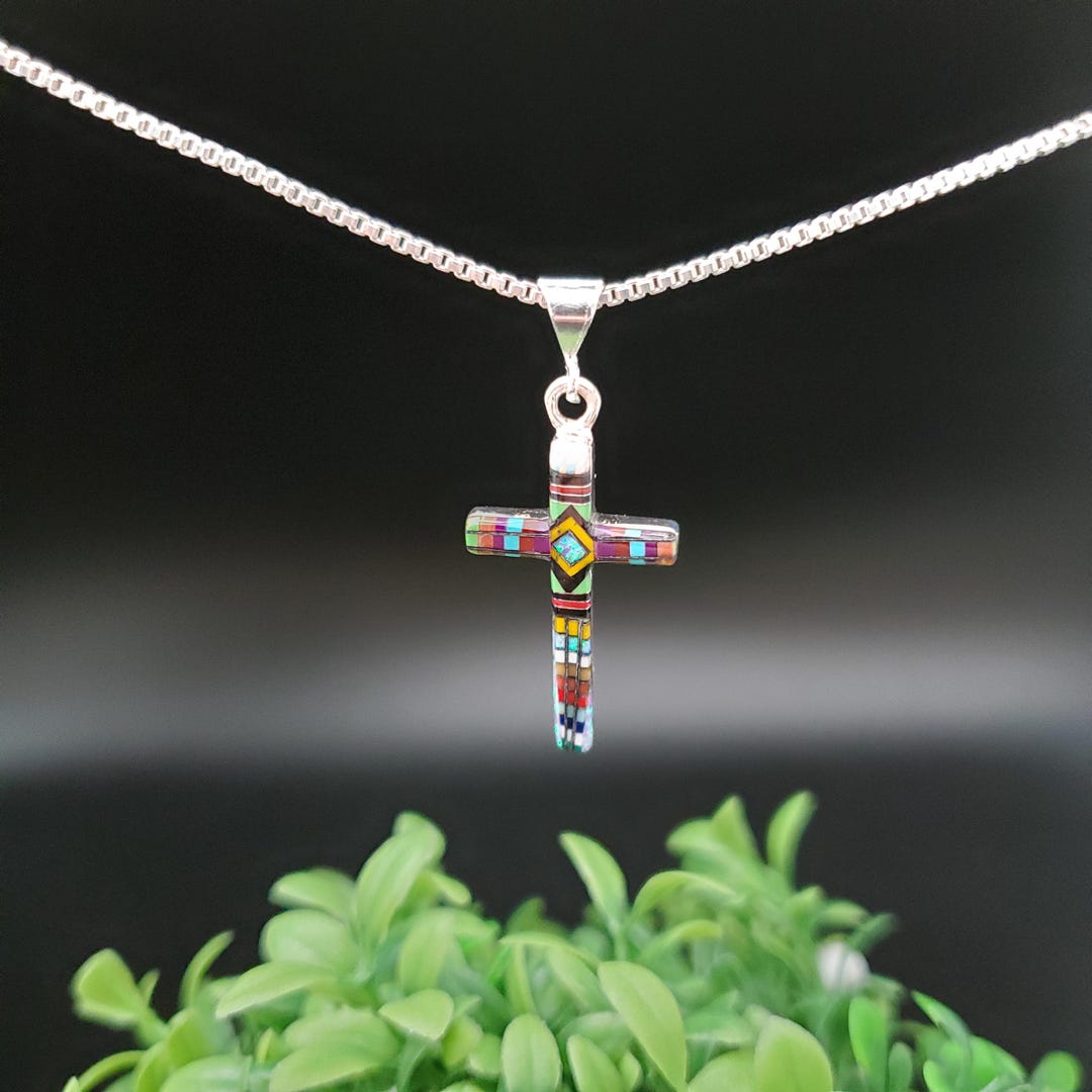QQ-319 | Dainty Micro Opal Inlay Cross Necklace Pendant | Sterling ...