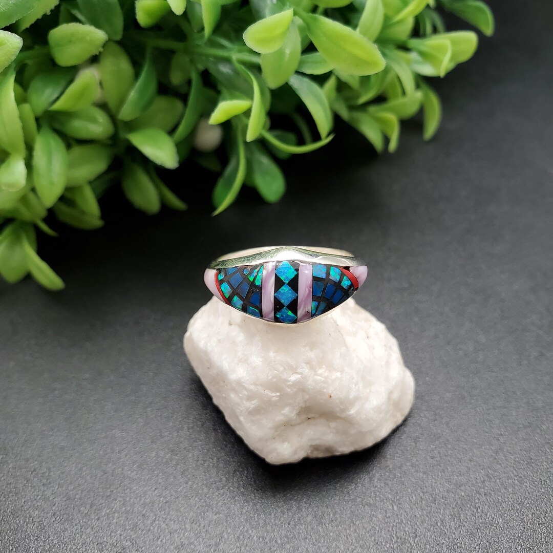 GG-012 | Silver Inlay Opal Ring | Micro Inlay Southwest Ring | Sterling ...
