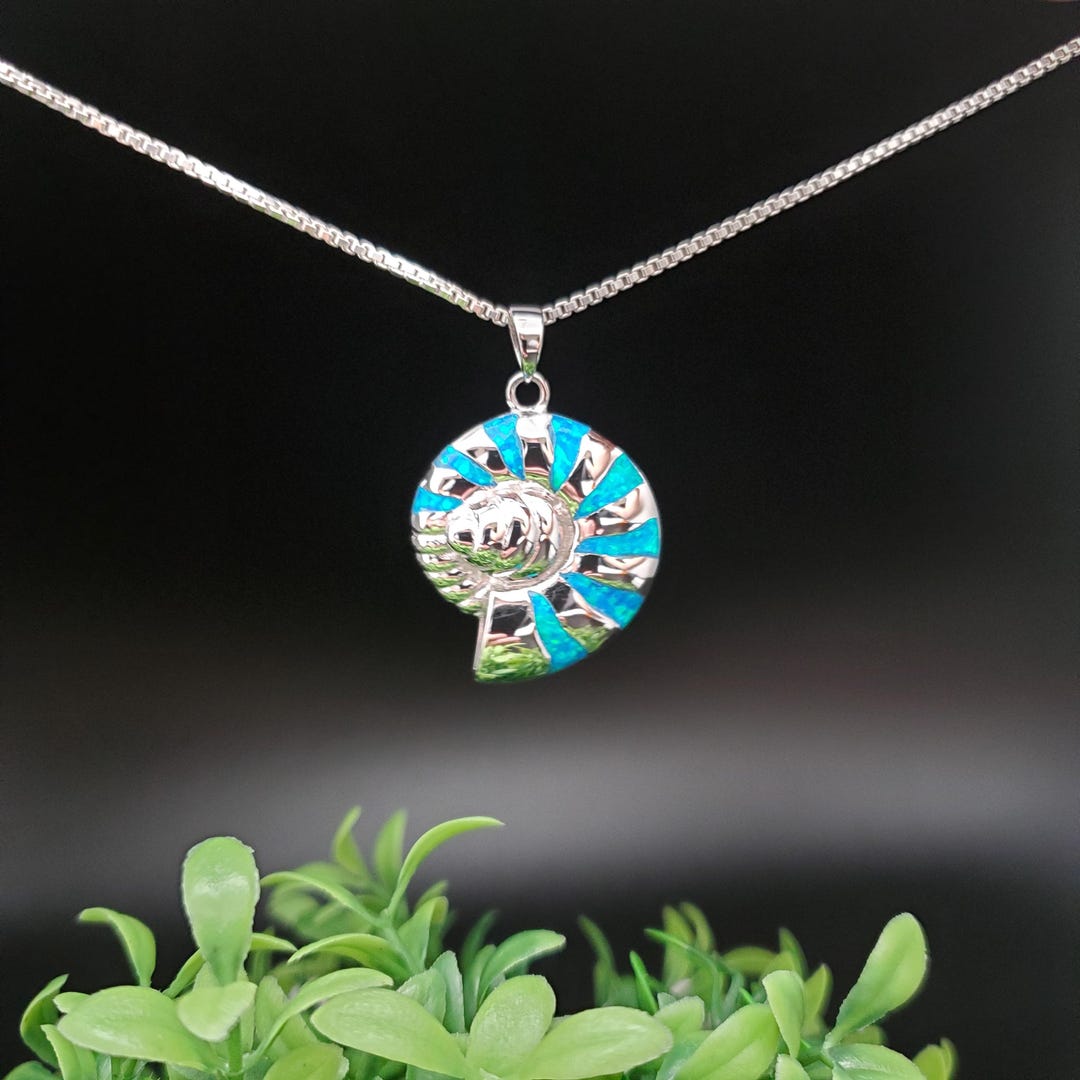 QQ-481 | Blue Opal Inlay Nautilus Shell Necklace Pendant | Sterling ...