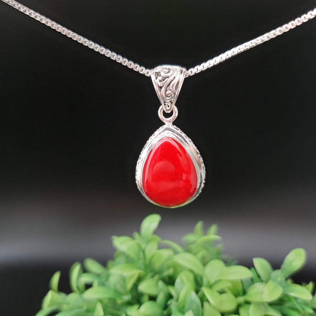 QQ-562 | Teardrop Shape Red Coral Necklace Pendant Option With Silver ...