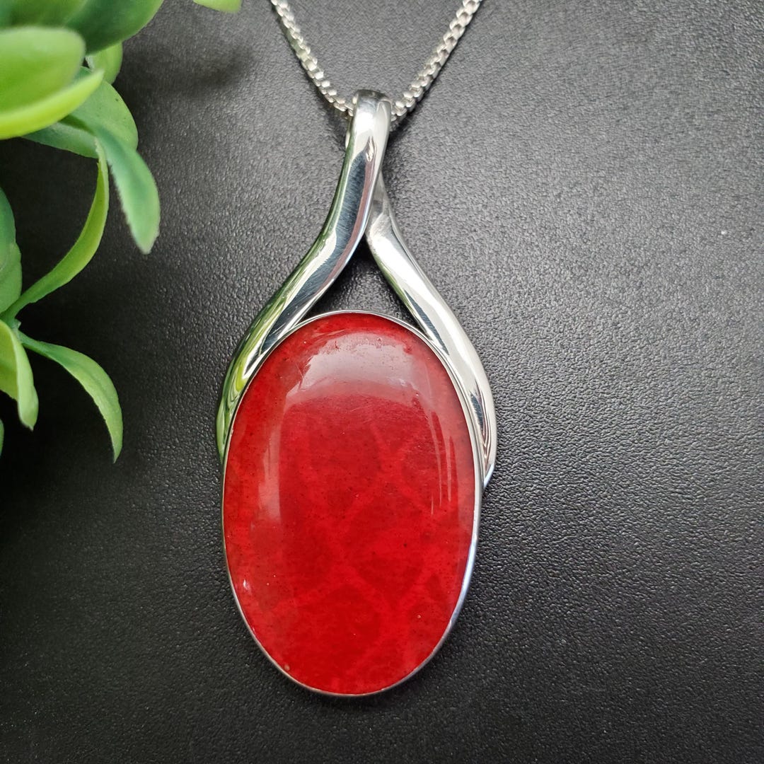 FFD #079 | Big Red Coral Necklace Pendant Option With Silver Chain ...