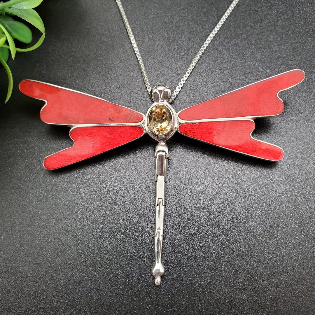 FFD #368C | Big Citrine, Red Coral Dragonfly Necklace Pendant, Pin ...