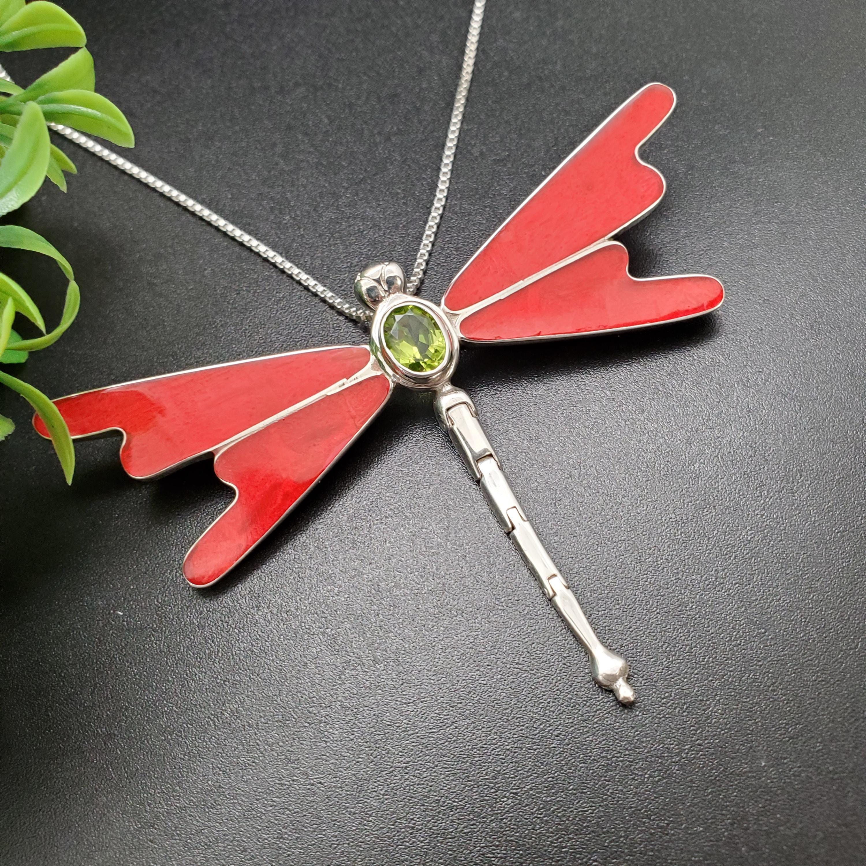 FFD #368B | Big Peridot, Red Coral Dragonfly Necklace Pendant, Pin ...