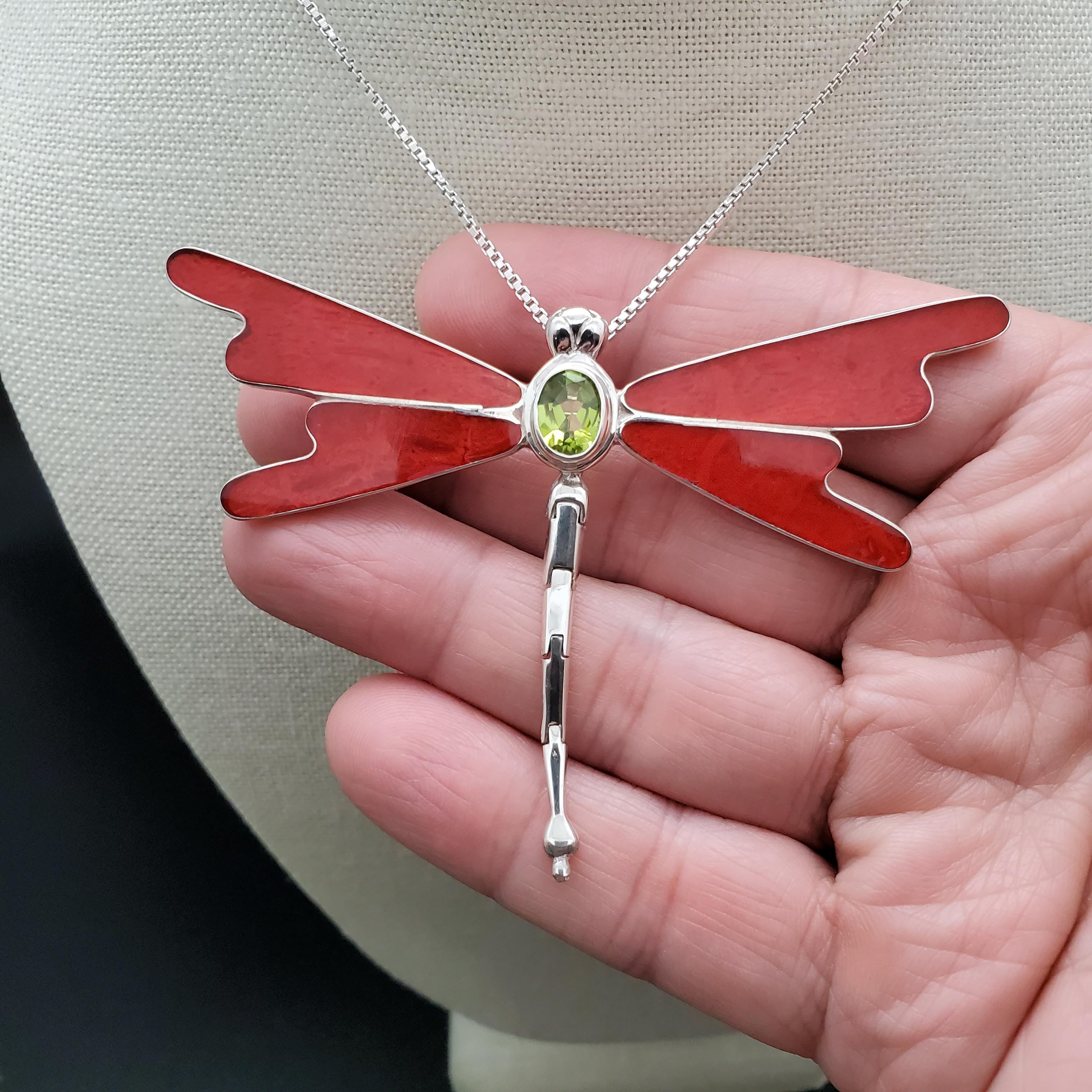 FFD #368B | Big Peridot, Red Coral Dragonfly Necklace Pendant, Pin ...