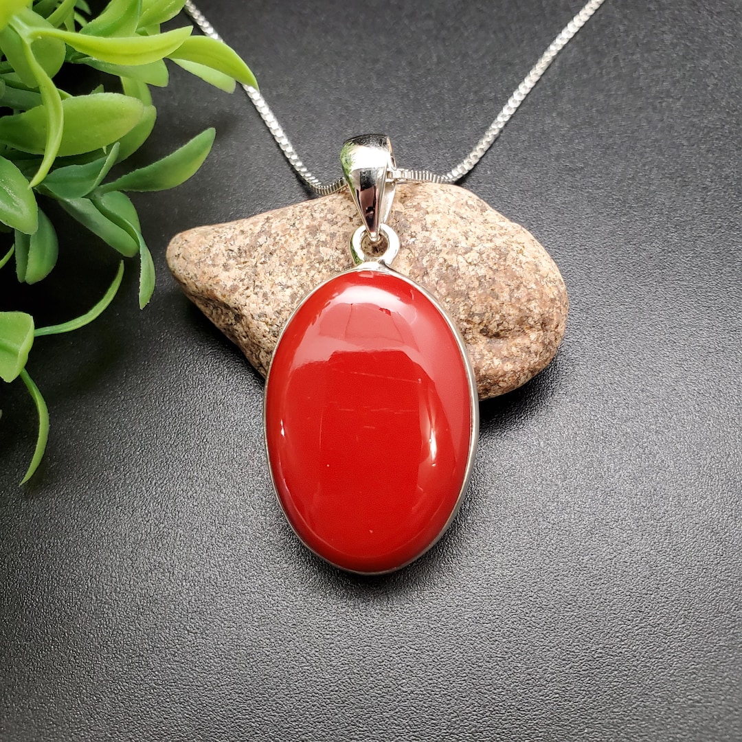 QQ-446 | Big Red Coral Necklace Pendant Option With Silver Chain ...
