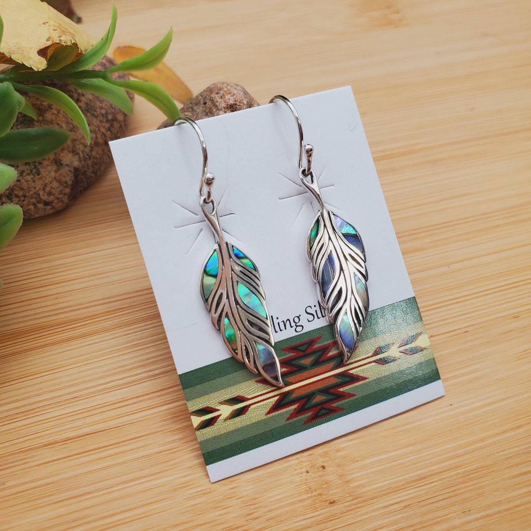 ATS-AYU035 | Lovely Abalone Inlay Leaf Dangle Earrings | Sterling ...