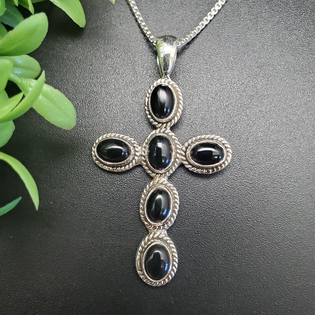 ATS# PD257 | Black Onyx Cross Pendant Necklace | Sterling Silver Black Onyx Cross Pendant ...