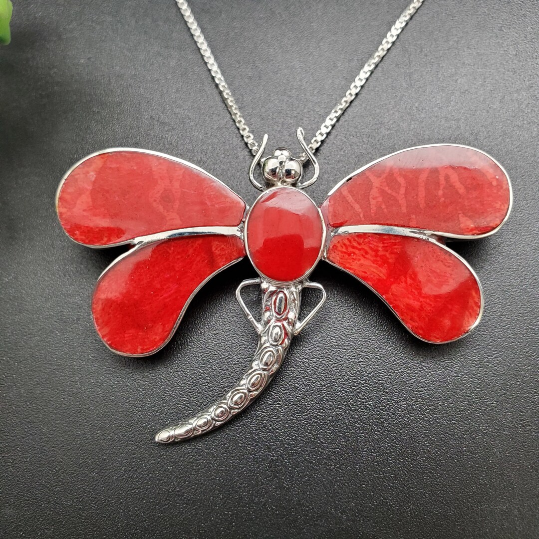 FFD #369 | Big Red Coral Inlay Dragonfly Necklace Pendant, Dragonfly ...