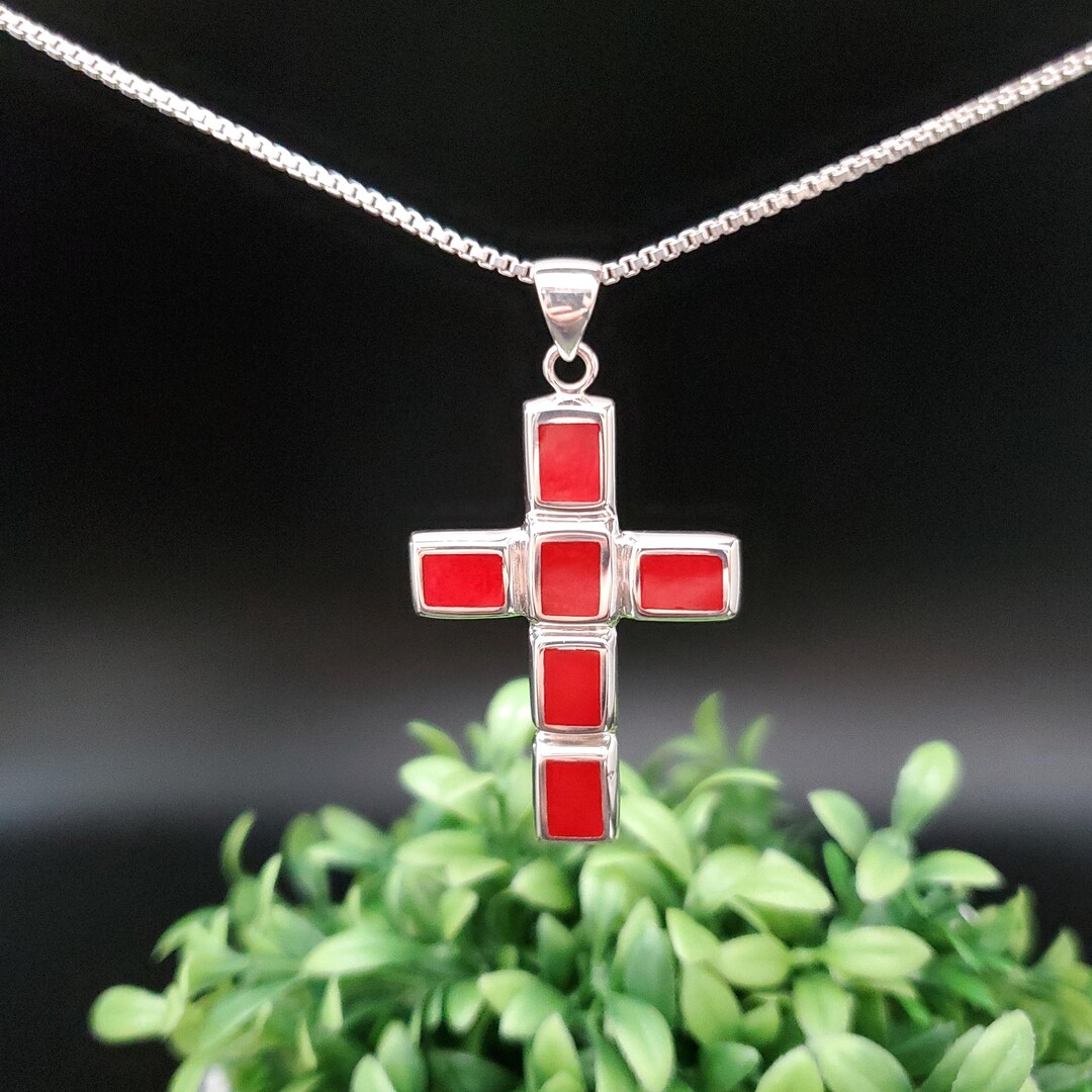 QQ-558 | Lovely Red Coral Inlay Cross Necklace Pendant Option With ...