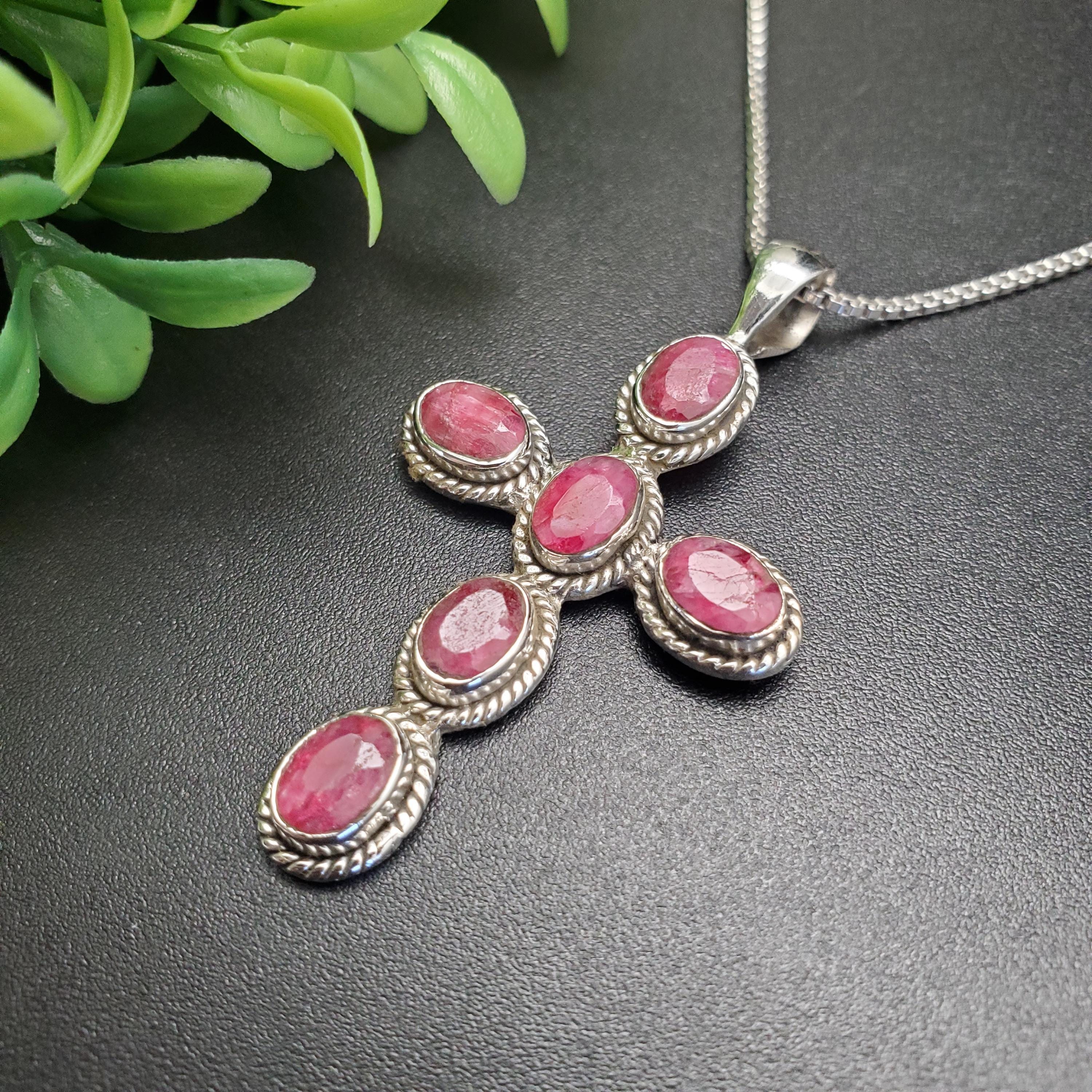 ATS PD254 Pink Ruby Cross Pendant Necklace Sterling Silver Pink Ruby ...