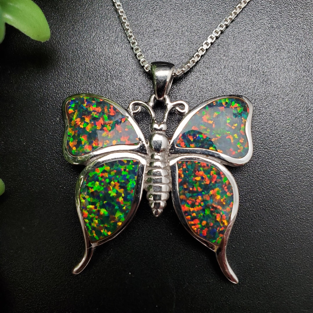 FFD #702 | Big Red Opal Inlay Butterfly Necklace Pendant | Sterling ...