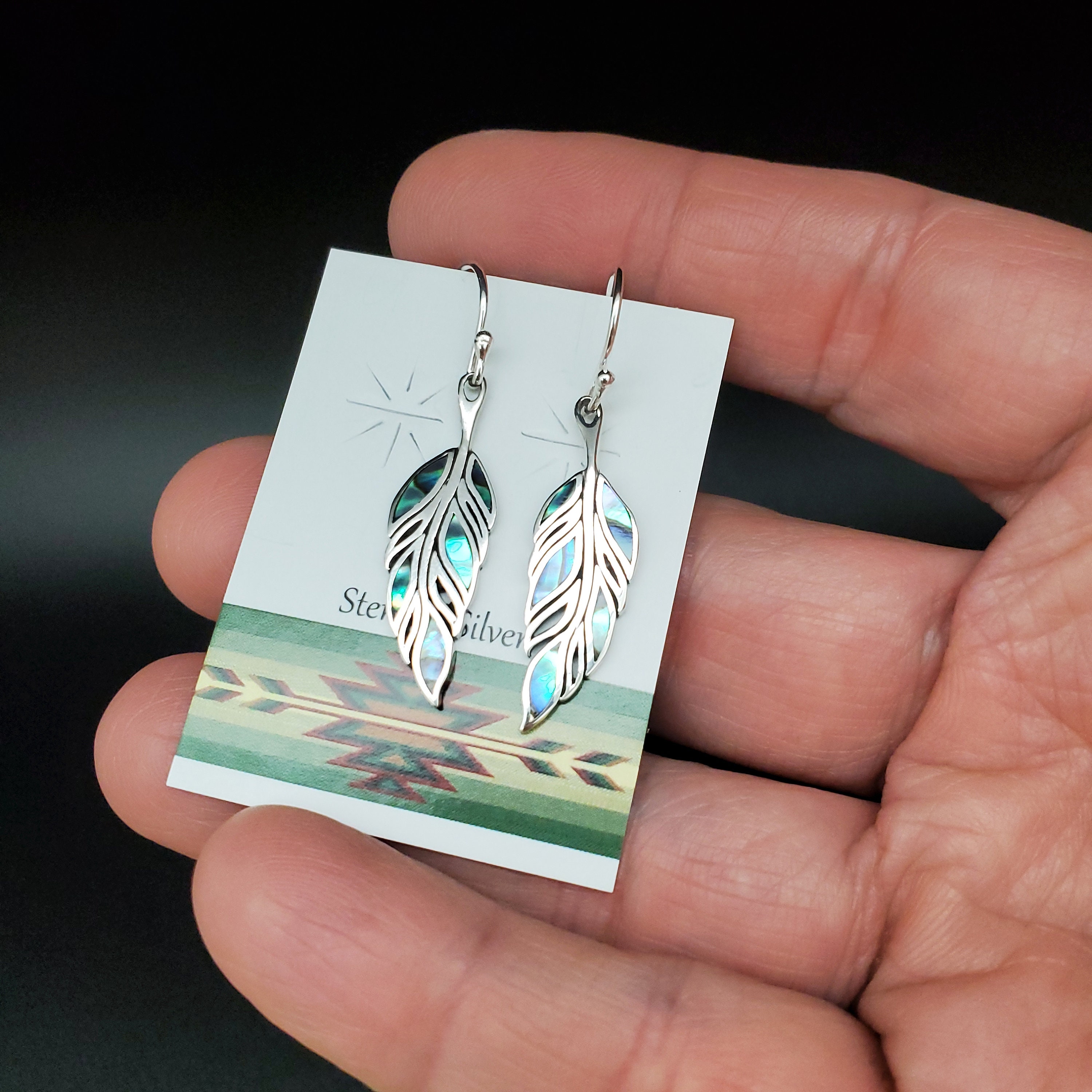 ATS-AYU035 | Lovely Abalone Inlay Leaf Dangle Earrings | Sterling ...