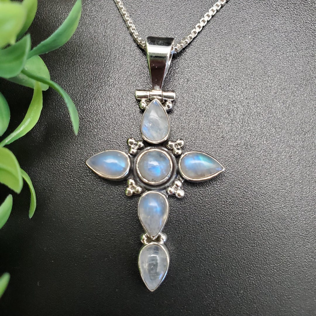 ATS# PD245 | Rainbow Moonstone Cross Pendant Necklace | Sterling Silver ...