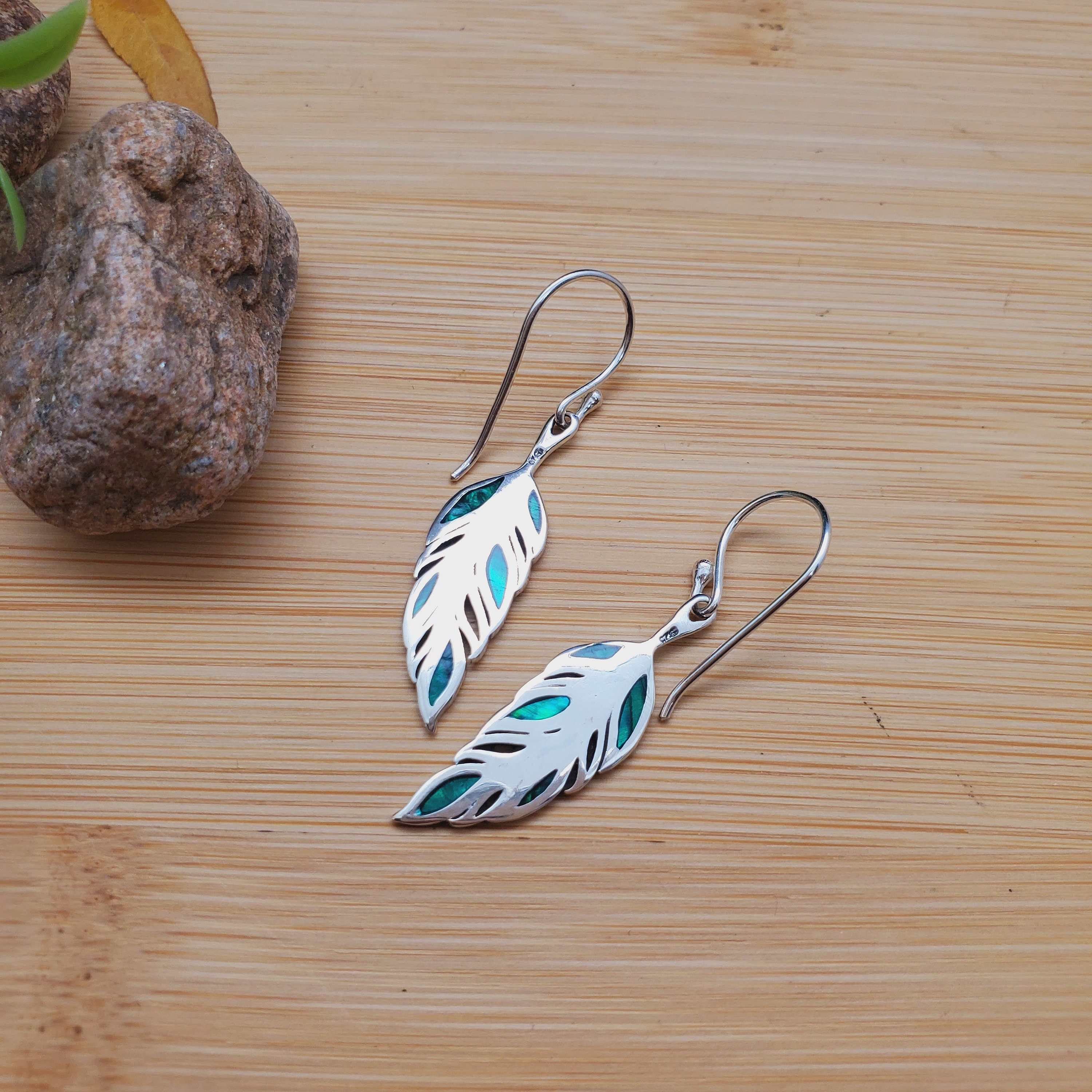 ATS-AYU035 | Lovely Abalone Inlay Leaf Dangle Earrings | Sterling ...