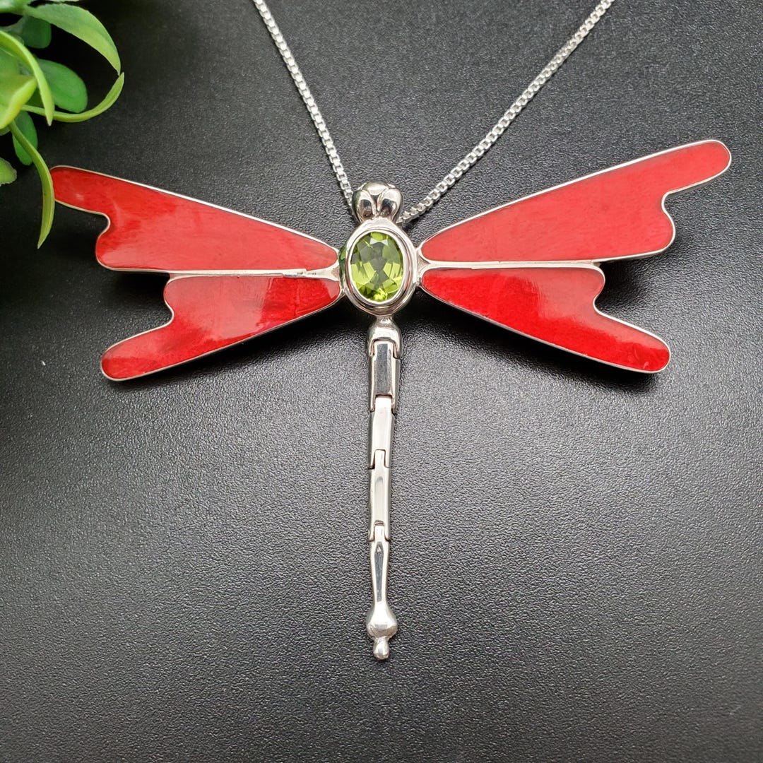 FFD #368B | Big Peridot, Red Coral Dragonfly Necklace Pendant, Pin ...