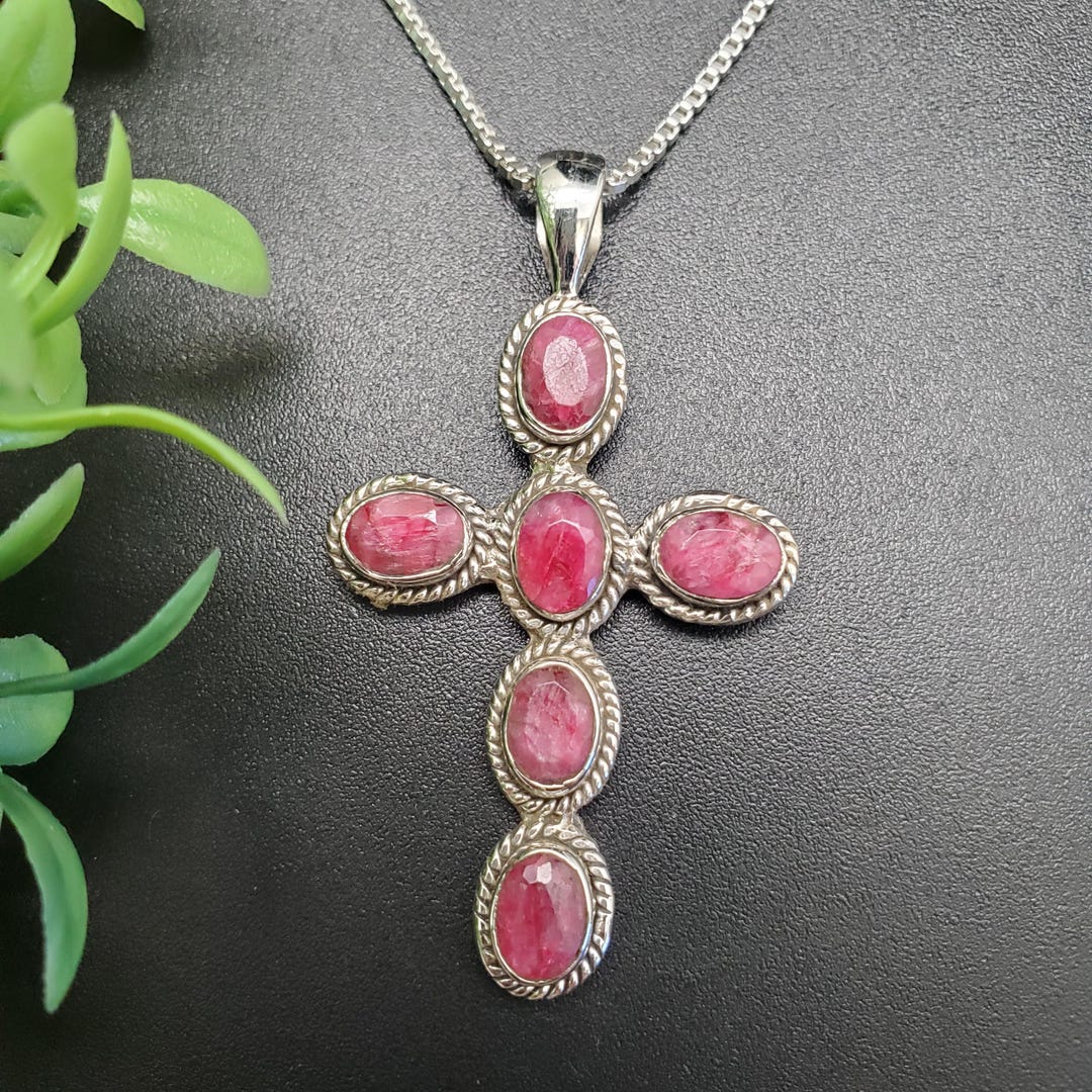 ATS# PD254 | Pink Ruby Cross Pendant Necklace | Sterling Silver Pink ...
