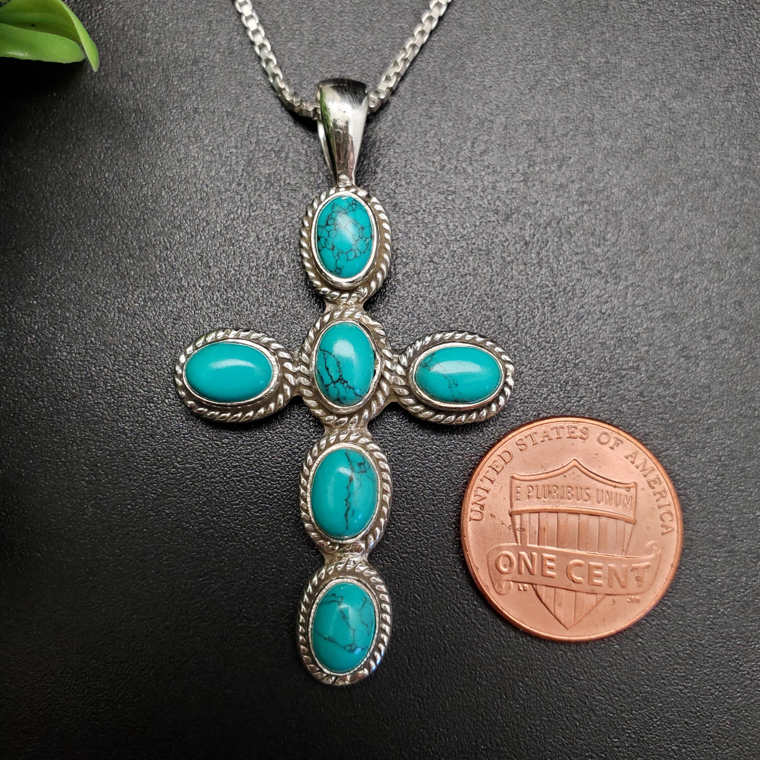 ATS# PD244 | Turquoise Cross Pendant Necklace | Sterling Silver Tibetan ...
