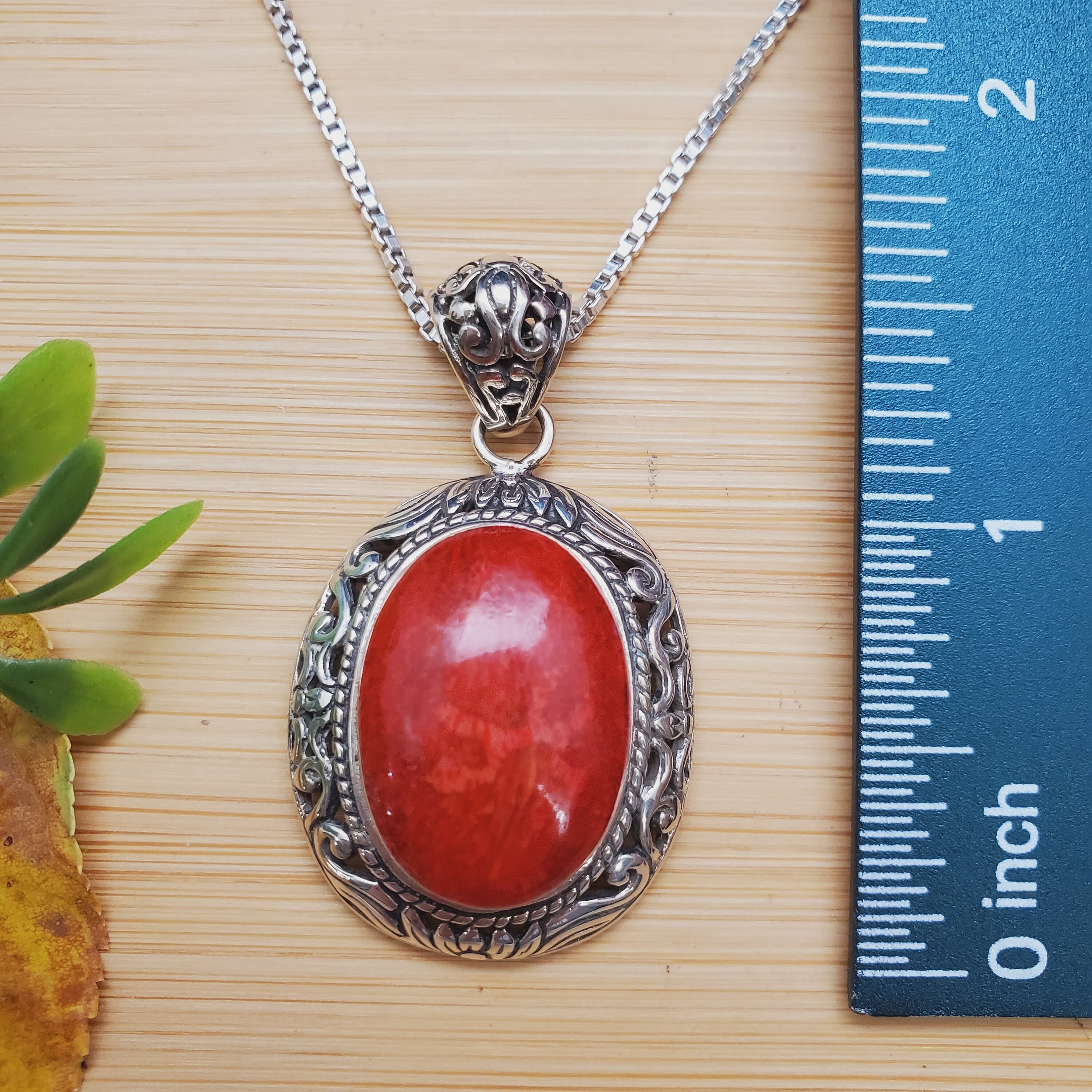 ATS AYU084 Big Red Coral Necklace Pendant Option with Silver Chain Sterling Silver Red Coral Pendant Balinese Red Coral Jewelry