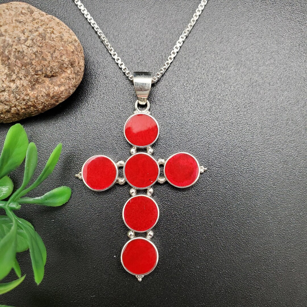ATS-AYU248 | Lovely Red Coral Inlay Cross Necklace Pendant Option With ...