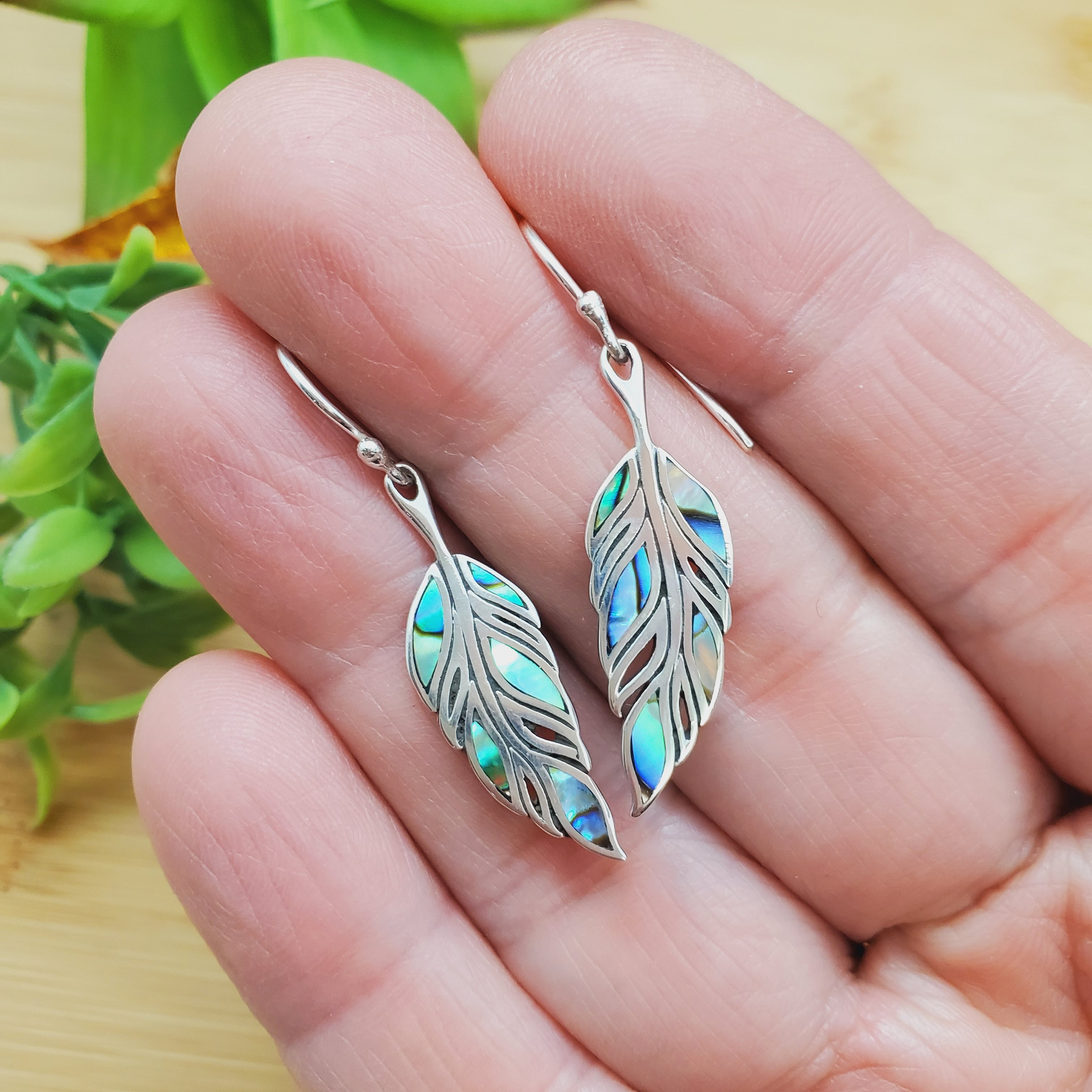ATS-AYU035 | Lovely Abalone Inlay Leaf Dangle Earrings | Sterling ...