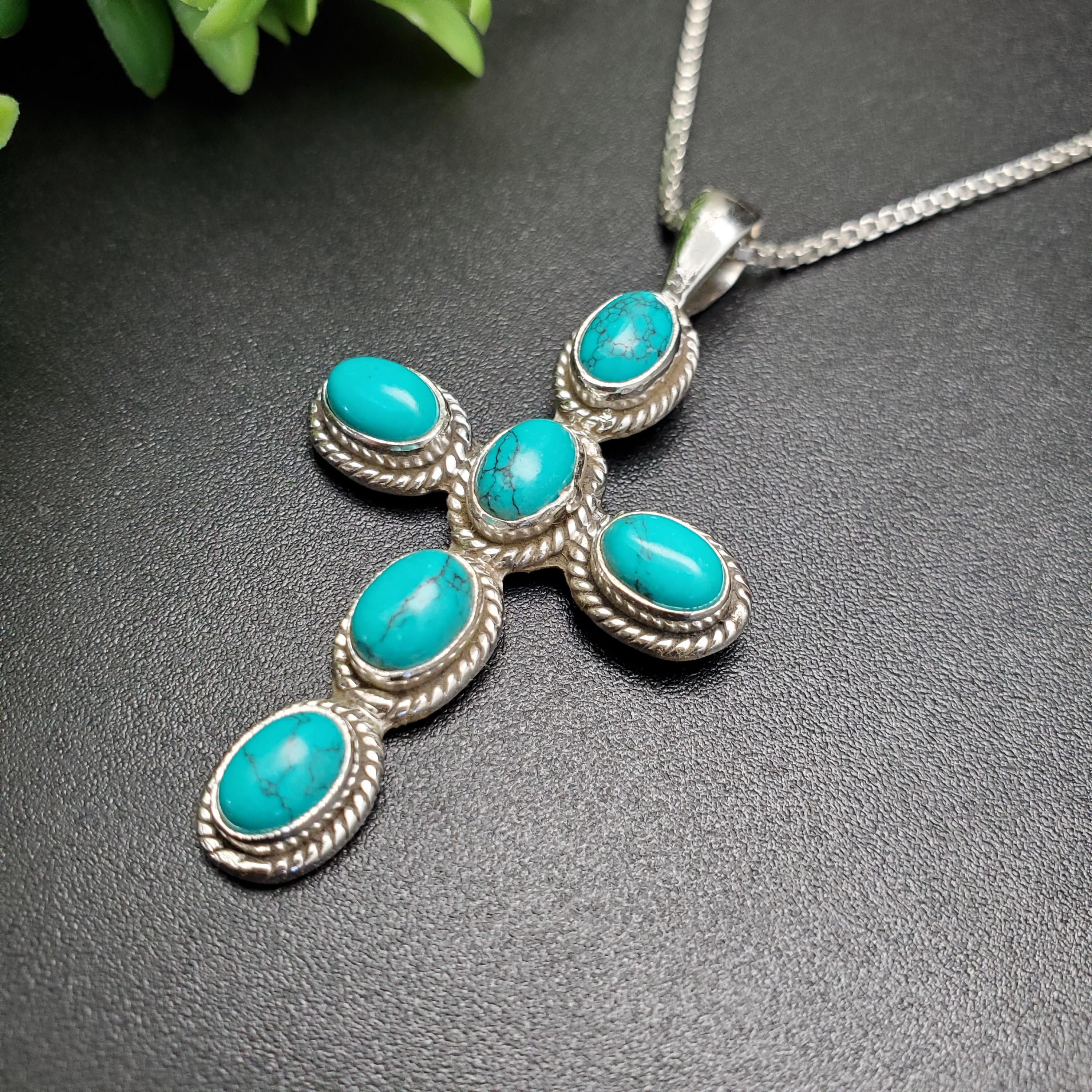 ATS# PD244 | Turquoise Cross Pendant Necklace | Sterling Silver Tibetan ...