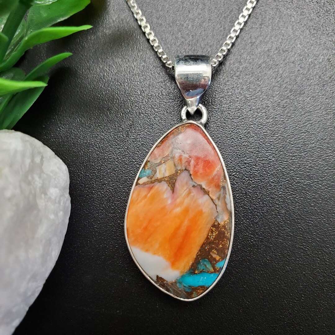 ATSPD061 Copper Spiny Oyster Turquoise Necklace Pendant Sterling Silver ...