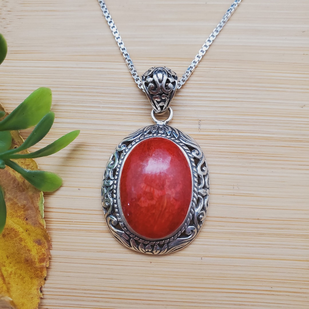 ATS-AYU084 | Big Red Coral Necklace Pendant Option With Silver Chain ...